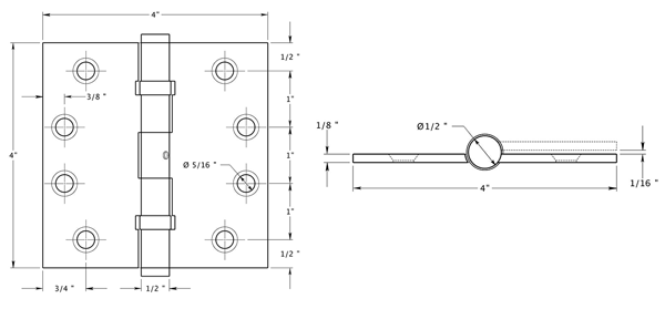 4 x 4 x Square Corners, Solid Brass Hinges with Non-Removable Pin and ...