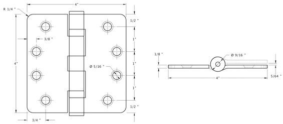4 x 4 x 1/4 Radius Heavy Duty Non-Removable Pin Ball Bearing Hinges ...